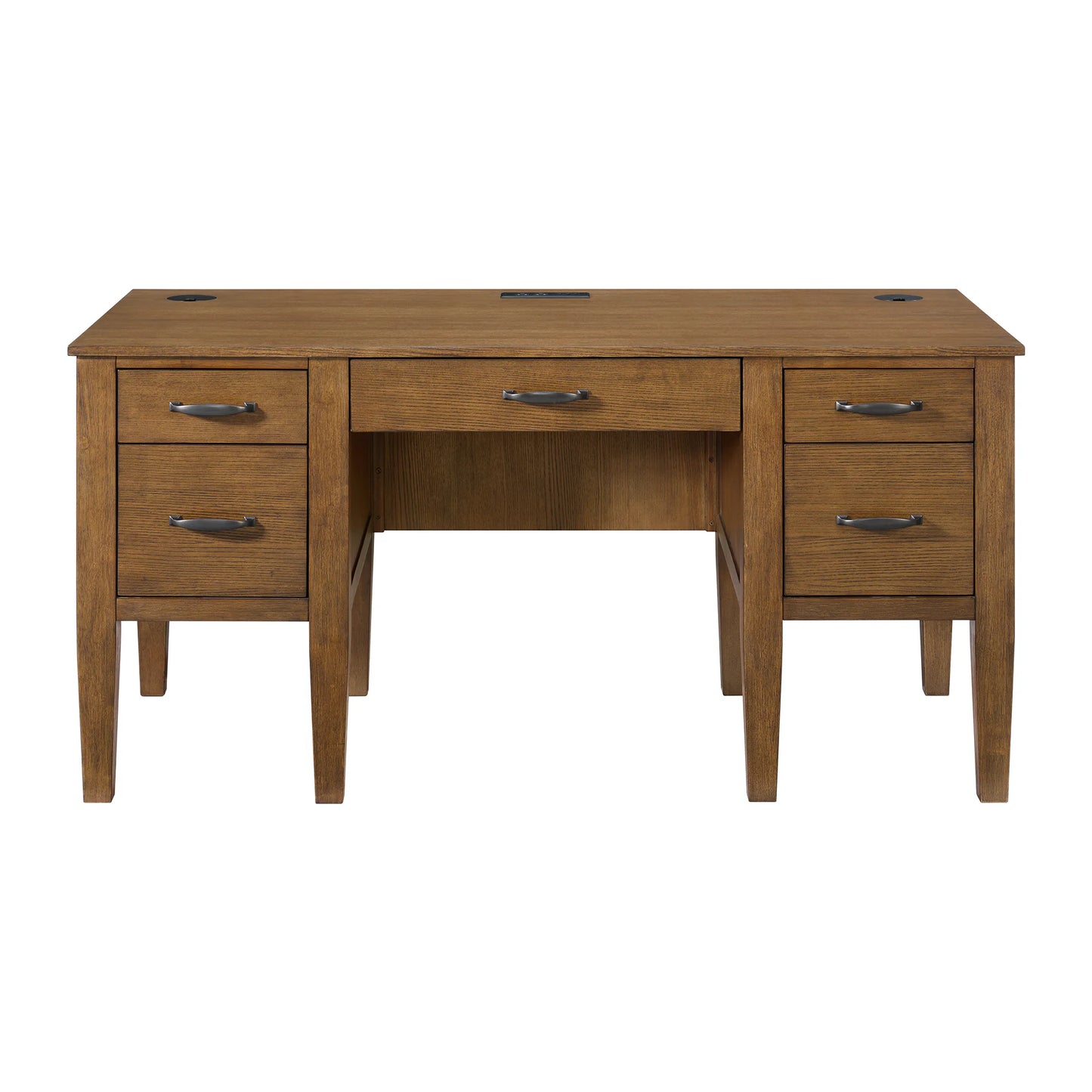 Portico - Half Pedestal Desk With Power / USB - Brown Oak – Furniture ...